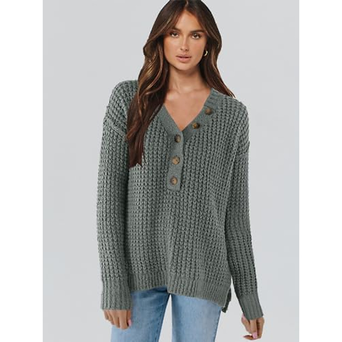 ANRABESS Womens Oversized Sweater Long Sleeve Loose V Neck Button Jumper Casual Waffle Side Slit Knit Pullover 2024 Clothes X-Large Gray Green