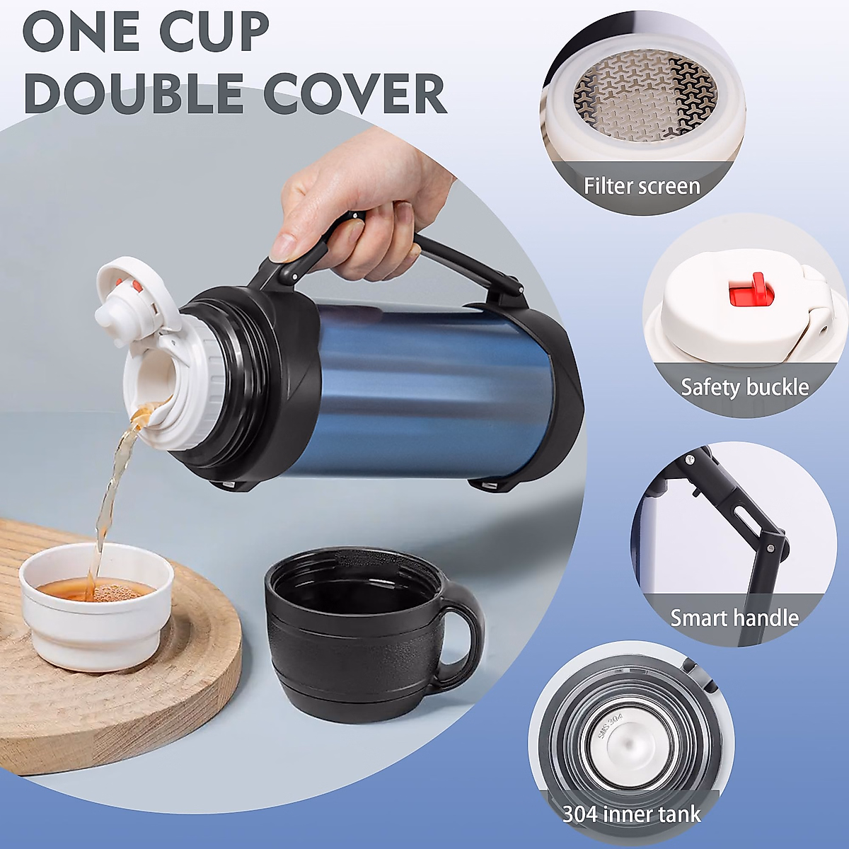 Insulated Vacuum Bottle 41oz,Travel Thermos For Hot/Cold Drink,18/8 Stainless Steel Water Bottles Bpa Free, Vacuum Bottle With 2 Plastic Cup,Thermos For Hot Drink For 24 Hours.(Starry Blue)