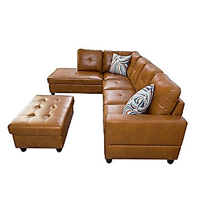 AYCP Contemporary Sectional Sofa w/Chaise and Storage Ottoman|3-Piece L-Shape Living Room Furniture|Faux Leather Upholstery|High-Density Memory Foam Cushions|(2) Toss Pillows (Ginger Left Facing)