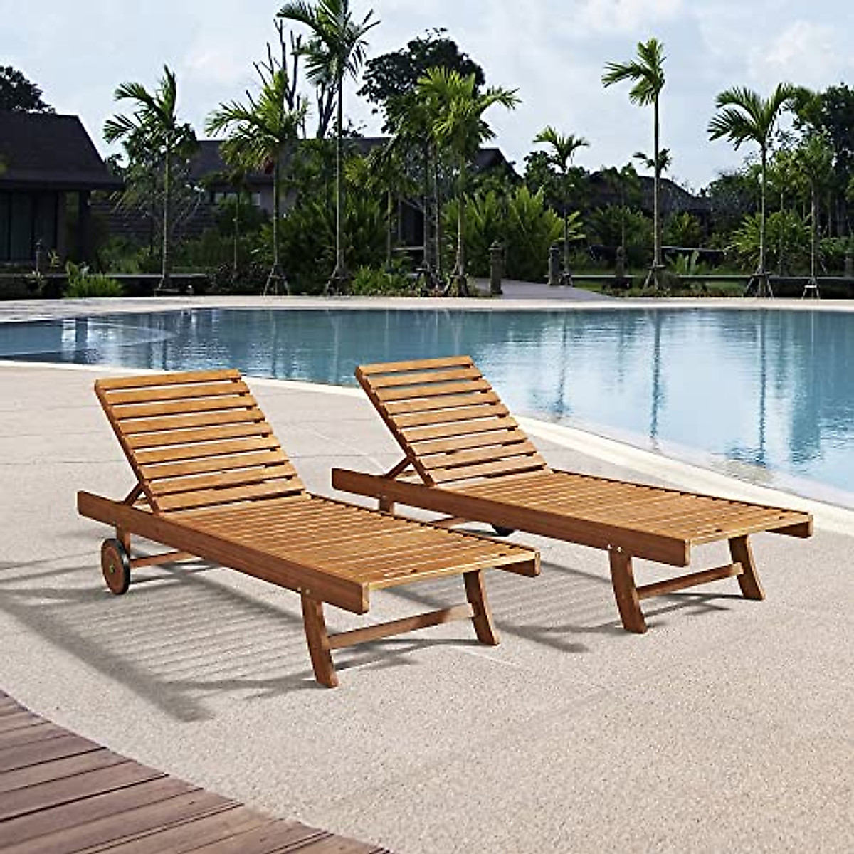 2-Pack Caspian Adjustable Eucalyptus Wood Outdoor Lounge Chairs with Weather-Resistant Durability (Furniture 73" W x 24"D x 12 1/2"H 5 Reclining Positions)