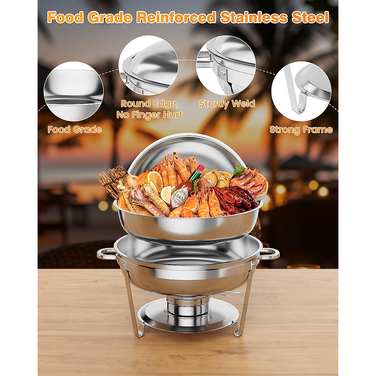 GAOMON 5QT Chafing Dish Buffet Set of 6 Pack, Round Stainless Steel Food Warmers Buffet Servers Sets, Chafer with Food & Water Pan, Lid, Frame, Fuel Holder for Catering and Parties
