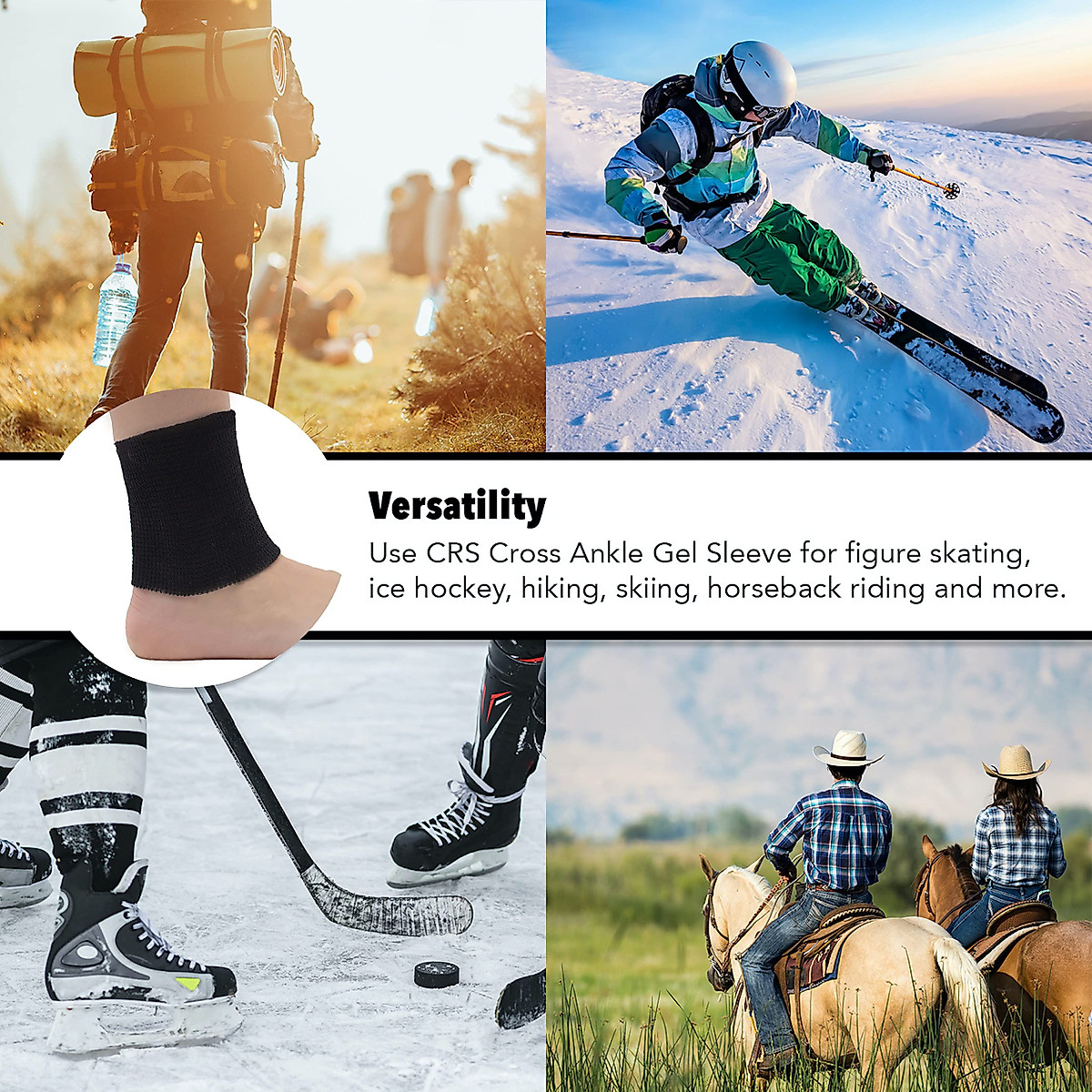 CRS Cross Ankle Gel Sleeves - Padded Skate Socks. Ankle, Foot and Lower Leg Cushion and Protection for Figure Skating, Ice Hockey, Roller or Inline Skating, Riding or Ski. 2 Black Ankle Gel Sleeves