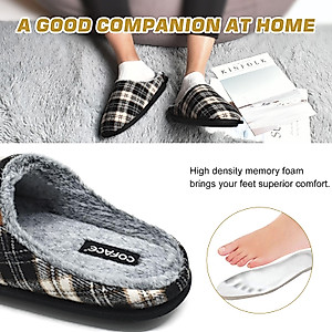 COFACE Mens Womens Black White Flano Plaid Cozy Memory Foam Scuff Slippers Slip On Warm House Shoes Indoor/Outdoor With Best Arch Support