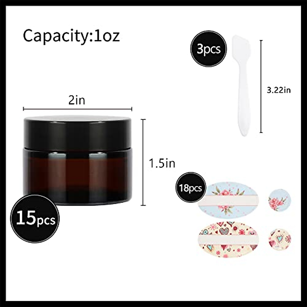 1 oz Amber Round Glass Jars with Plastic Lids and Inner Liners,Empty Cosmetic Bottles For Beauty Products, Lotion, Powders and Ointments.Set of 15 Pack.