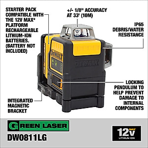 DEWALT 12V MAX Laser Level, Cross Line Laser, 2 x 360, Green (DW0811LG)