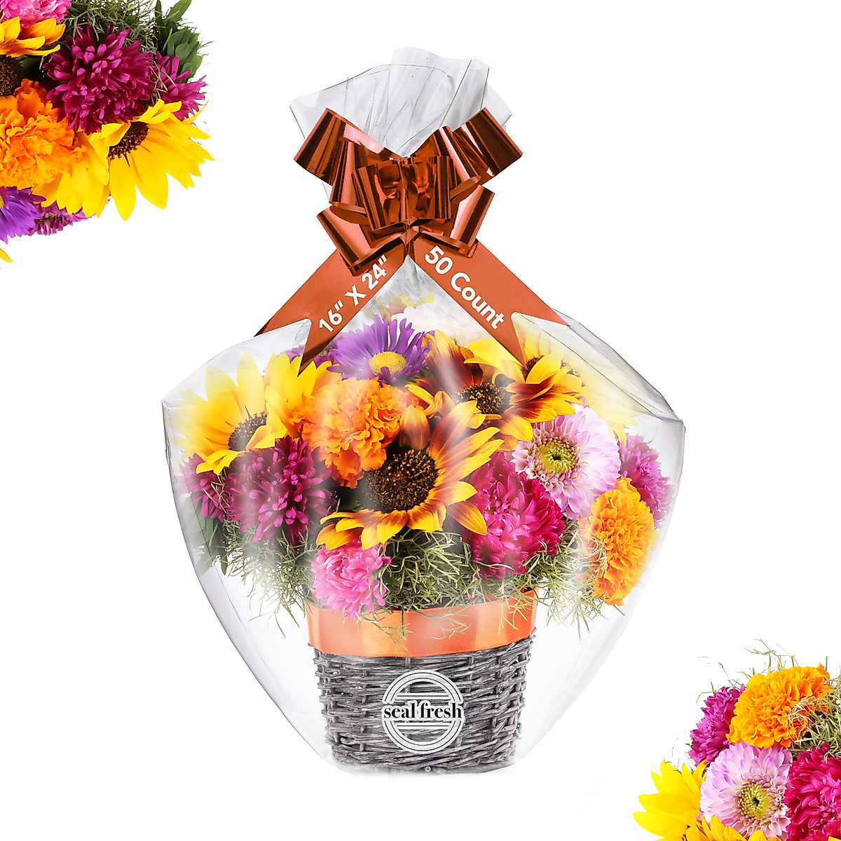 Seal Fresh Extra Large Cellophane Bags (Ribbon and Basket NOT Included) – 16" x 24" (50 Count) – Clear Basket Wrapping Bags, Cellophane Gift Bags, Large Cellophane Bags, Clear Gift Bags, Clear