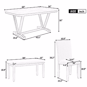 WOZNLA Modern Style 6-Piece Dining Table 6-Rectangular Marbled Veneers Tabletop, V-Shaped Legs, 4 Chairs, 1 Bench with Padded Cushion, Ideal Living Room Furniture Set, White, OneSize