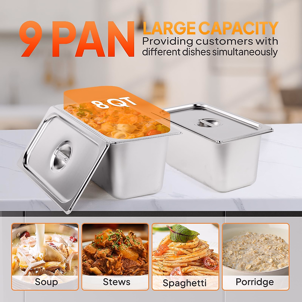 ROVSUN Electric Commercial Food Warmer 72QT 1500W, 9-Pan Steam Table 8QT/Pan Stainless Steel Bain Marie w/Acrylic Shield Overshelf Undershelf Temperature Control & Lid for Buffet Restaurant 110V