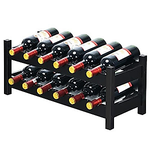 HAPPYGRILL Wine Rack, Free Standing 12 Bottles 2-Tier Wine Display Rack, Bamboo Wine Storage Rack Tabletop Wine Rack, Brown