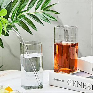 6 Pieces Square Drinking Glasses 13 oz Square Glass Cups Modern Highball Glasses Thin Cute Cocktail Glasses Glassware with Straws and Straw Brushes for Coffee Water Juice Beer Mixed Drink Tumbler