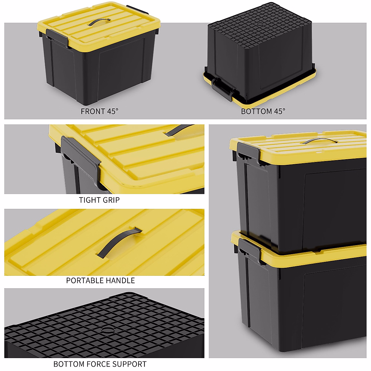 Cetomo 72Qt*6 Durabilt Flip Lid Stackable Heavy Duty Tough Storage Container Tote, Plastic Storage Bins, Storage Box, Black Base with Yellow Lid (6 Pack)