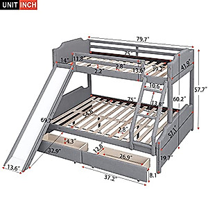 Merax Twin Over Full Size Upholstery Bunk Bed, Solid Wood Bed Frame with Two Drawers and Slide, Convertible Slide and Ladder, Headboard and Footboard, Grey