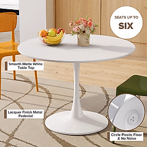 Ufurpie 42" Round Dining Table,Mid-Century White Tulip Table,Metal Base Pedestal Table for 4-6 Person,Easy Assembled End Table Leisure Coffee Table