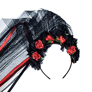Delicate Dew Day of The Dead Flower Headband dia de los muertos costume Halloween Headpiece (Black Veil)