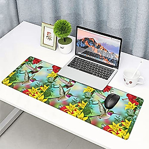 Hummingbirds On Hibiscus and Yellow Lilies Gaming Mouse Pad XL,Extended Stitched Edges Mousepad,Large Mouse Pads Desk Pad,Long Non Slip Rubber Base Desk Mat for Work,Office,Home,Computer,Laptop