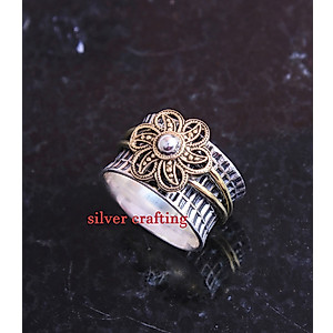 Silver Flower Spinner Ring, Floral Flower Ring, Silver Band, Fidget Ring, Stress Ring (6)