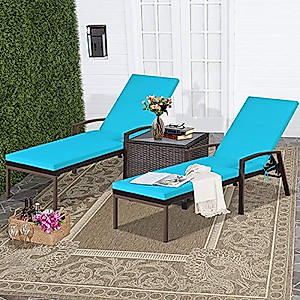 Tangkula 2 PCS Patio Rattan Chaise Lounge Chair, Outdoor Reclining Chaise with Cushion and Armrest, Wicker Sun Lounger with Adjustable Backrest for Garden, Balcony, Poolside (Turquoise)