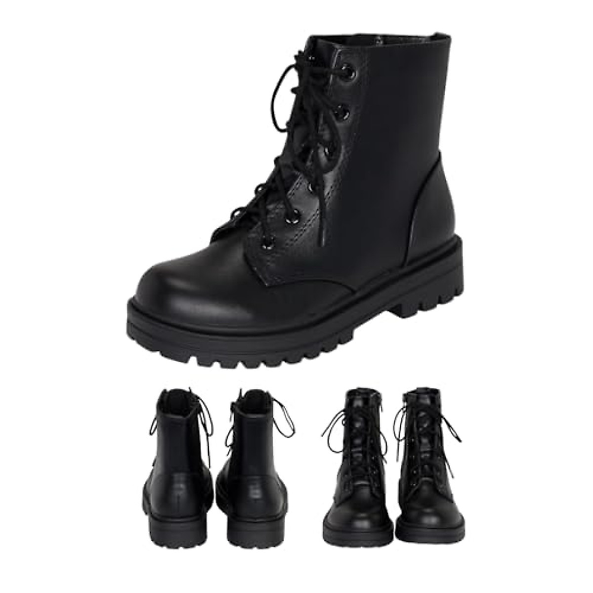 Brace-IIS - Girls/Boys/Kids/Children Lace Up Side Zipper Vegan Leather Lug Sole Combat Boots (Black PU, us_footwear_size_system, little_kid, women, numeric, medium, numeric_2)