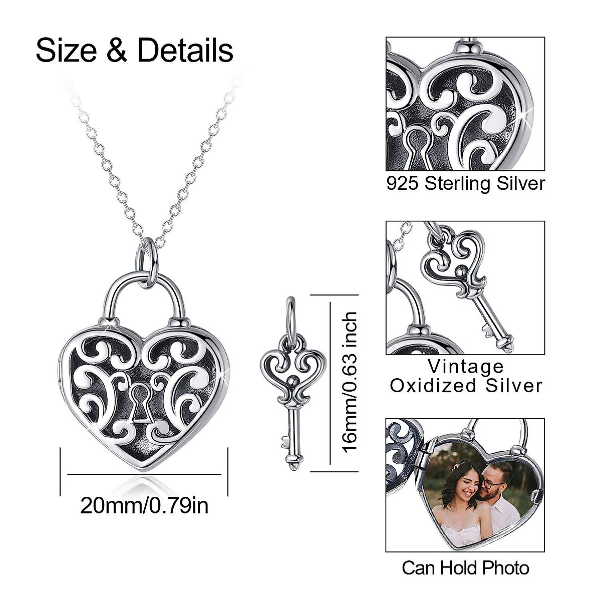 Cuoka Heart Locket Necklace That Hold Two Photos, 925 Sterling Silver Lock and Key Set, Mother Day Anniversary Birthday Gift for Women Girlfriend Daughter with Gift Box (Key & Heart)