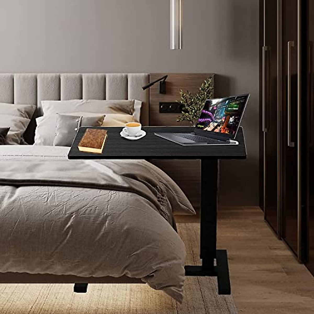 Erinaik Adjustable Height Overbed Table, Large Medical Bedside Desk with Hidden Casters, 31.5" L x 15.7" W, Mobile Tray Table for Hospital, Office, Home, Study Use