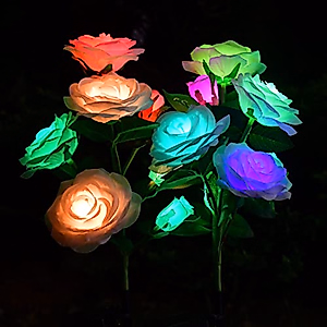 Outdoor Solar Rose Lights, Upgraded Color Changing Solar Powered Garden Stake Lights, Waterproof Solar Decorative Lights with 7 Rose Flowers for Yard Garden Pathway Courtyard Lawn (2 Pack)