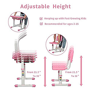 Gowxil Kids Functional Desk and Chair Set, Height Adjustable Children School Study Desk with Tilt Desktop, Bookstand, LED Light, Metal Hook and Storage Drawer for Boys Girls