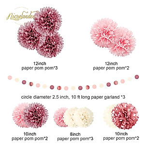 NICROLANDEE 15PCS Dusty Rose Blush Pink Tissue Pom Poms Flowers for Wedding, Bridal Shower, Sweet Birthday, Baby Shower, Engagement, Bachelorettes, Valentine Pink Party Decorations Paper Garland