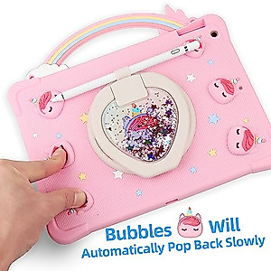 [Super Cute Rainbow Handle Unicorn Case] Pop it Case iPad Mini 6th Generation 2021 (8.3 Inch) Cover for Kids Girls with Hand Strap and 360° Rotating Stand - Pink