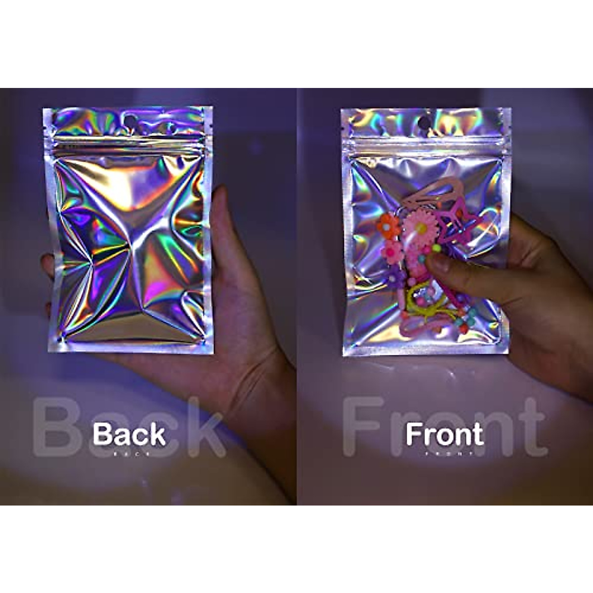 Trunple 100 Pcs Holographic Resealable Packaging Bags for Small Business Supplies, Cute Small Plastic Color Smell Proof Ziplock Foil Pouch Baggies for Lip Gloss Soap Party Food Storage (4x6 inch)