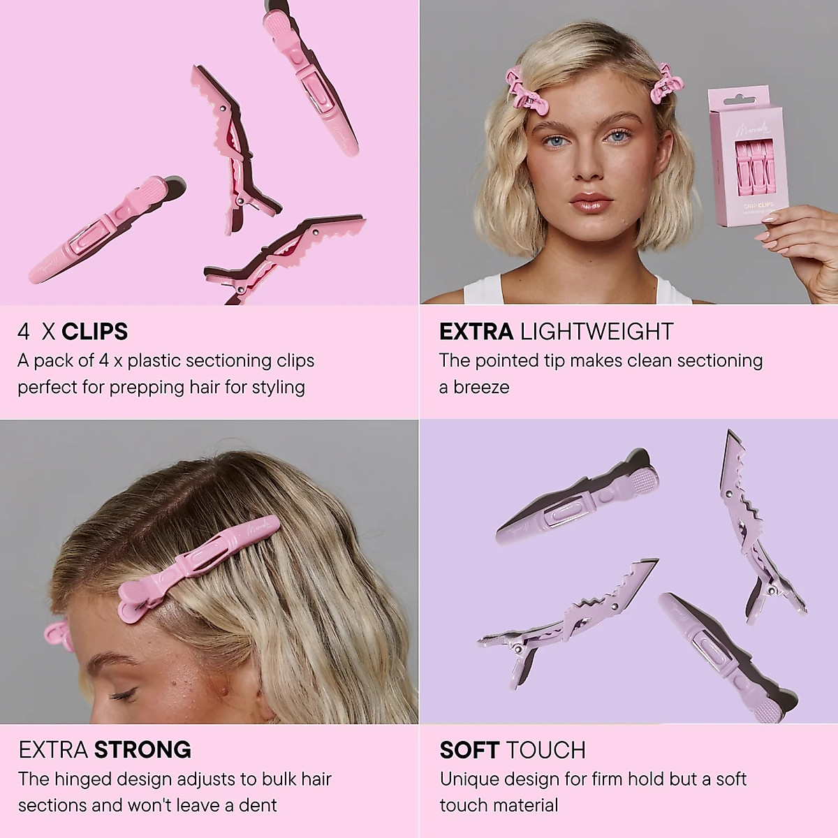 Mermade Hair Grip Clips - Hair Clips for Styling, Alligator Clips for Hair Sectioning, Professional Salon Quality Styling Clips - Signature Pink Clips (Pack of 4)