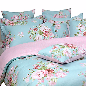 FADFAY Shabby Floral Duvet Cover Set Pink Grid Cotton Farmhouse Bedding with Hidden Zipper Closure 3 Pieces, 1duvet Cover & 2pillowcases,King/California King Size