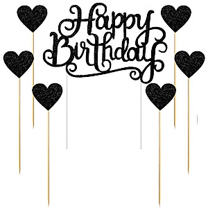 PALASASA Happy Birthday Cake Toppers Gold glitter letters"happy birthday"and love star,Party decor Decorations,Set of 7 (Black)