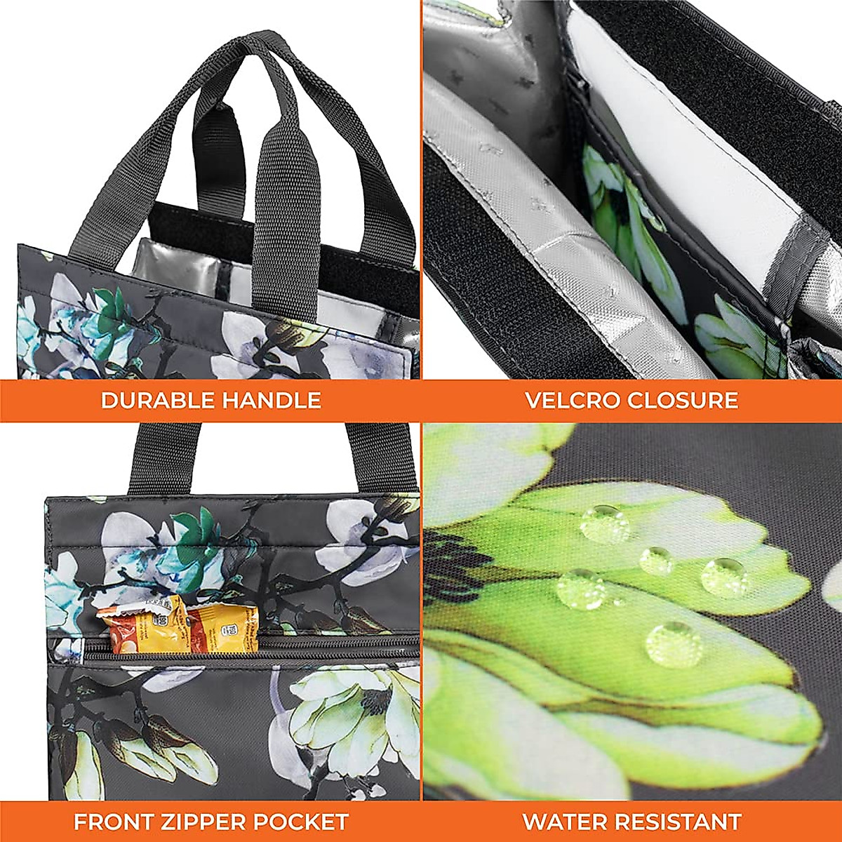 opux Lunch Bag for Women, Insulated Lunch Box Tote for Girls Work School Kids Office, Thermal Soft Small Lunch Cooler Bag for Picnic Travel with Pocket, Fits 12 Cans - Floral Gray