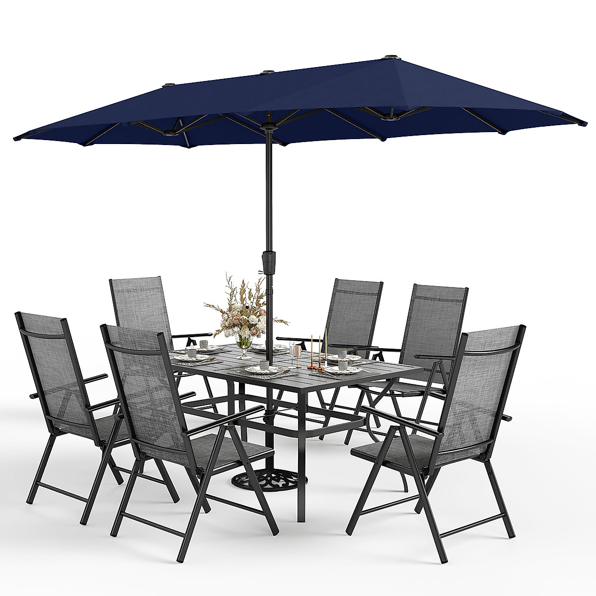 Sophia & William 7 Pieces Foldable Patio Dining Set with 13ft Navy Blue Umbrella, Folding Outdoor Dining Set for 6, Rectangular Metal Patio Table and Sling Chairs Set, Grey