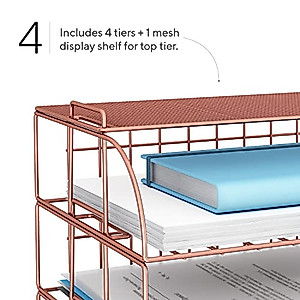 File Organizer for Desk, Letter Tray Desk Organizer, 4 Tier Desk Organizers and Accessories, File Folder Organizer, Desk File Organizer - Office Organization, 1 Upper Shelf, Wire Collection, Rose Gold