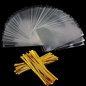COOLAKE Clear Treat Bags 100 PCS Cellophane Bags Clear Candy Bags with 100 PCS Metallic Twist Ties For Kids Birthday Candy Popcorn Gift Cookie Small (4''by 6'')
