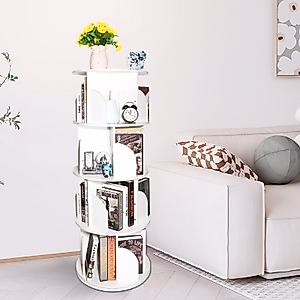 BEICNWOD Rotating Bookshelf,4 Tier 360° Revolving Bookcase,Small Corner Bookshelf for Small Space, Stackable Bookshelf Organizer, Display Cabinet for Office Home Living Room，White (White)