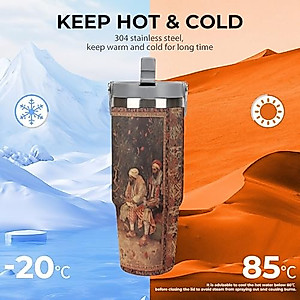 RTFGHJS Antique Orientalist Art 30 Oz Tumbler with Handle And Flip Straw, Stainless Steel Vacuum Insulated Travel Mug, Thermal Cup for Coffee, Water, Iced Drinks, Fits Car Cup Holders (Home, Sports)
