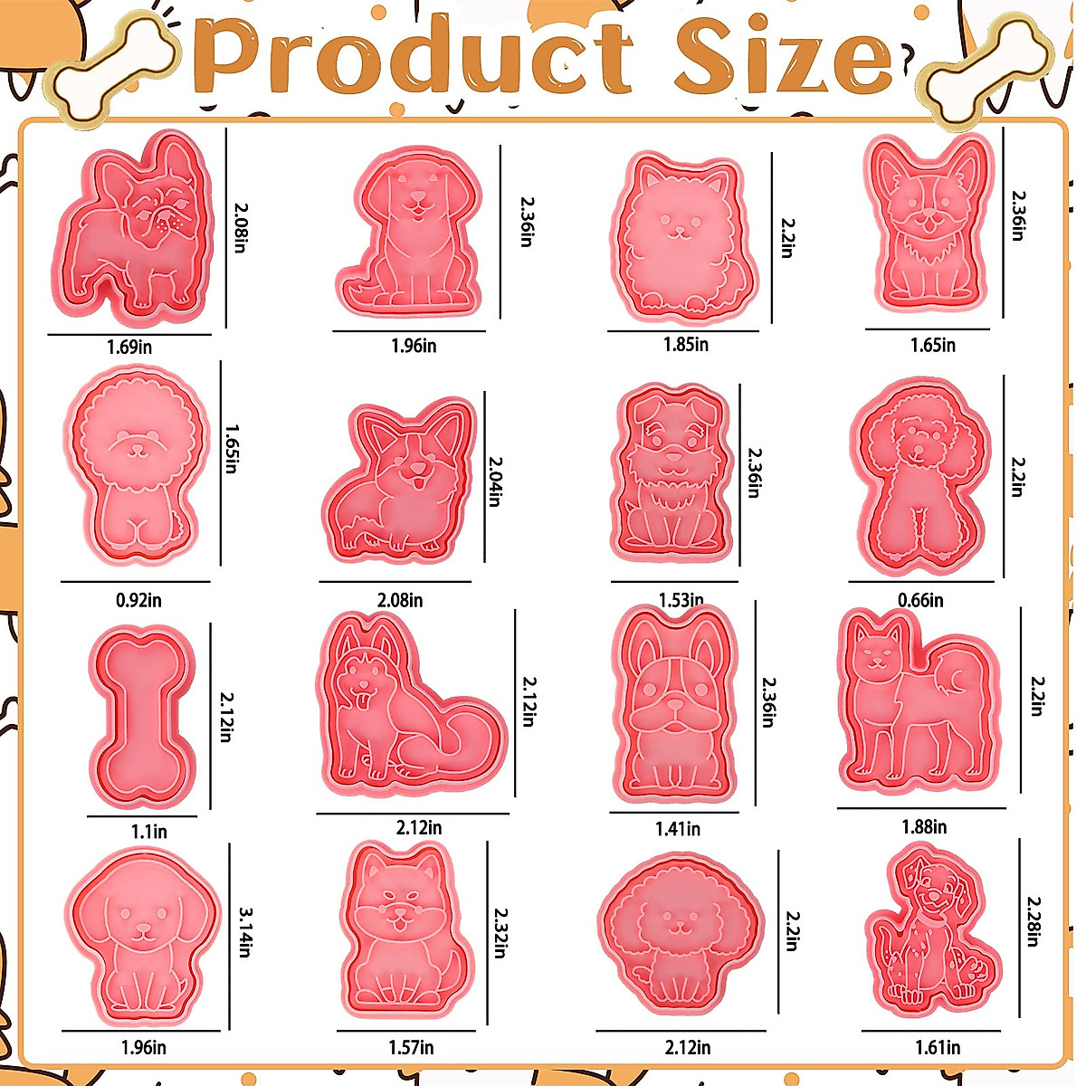 16 Pcs Dog Cookie Cutters with Plunger Stamps Set 3D Puppy Bone Shape Biscuit Cutter Funny Cartoon Cookie Stamps Stamped Embossed Dog Cookie Cutters for Treats DIY Cookie Cake Baking Supplies