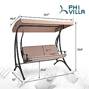 PHI VILLA 3-Seat Porch Swing with Canopy,Outdoor Swing with Removable Cushion,Patio Swing Chair/Bench for Porch, Garden, Poolside, Balcony, Backyard,Alloy Steel Frame,Brown
