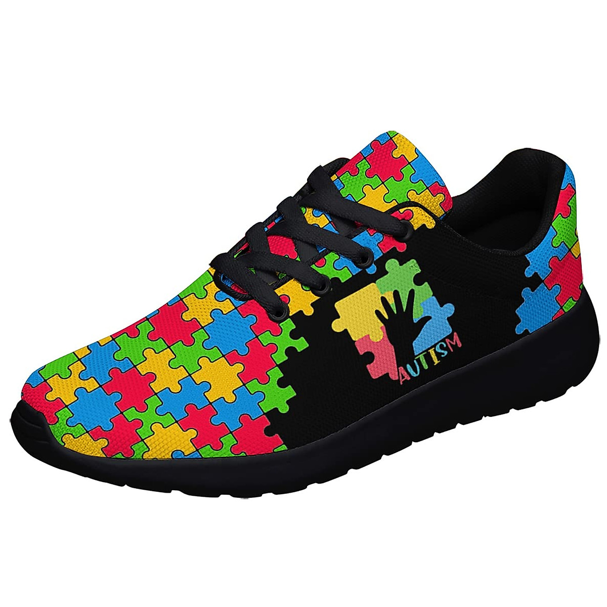 Autism Shoes Womens Mens Lightweight Breathable Running Sneaker Classic Autism Awareness Puzzle Print Tennis Walking Gym Shoes Black Size 10.5