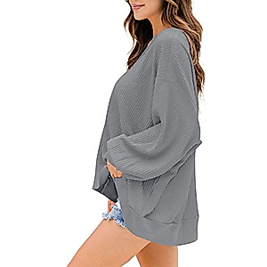 SENSERISE Womens V Neck Waffle Knit Tops Long Sleeve Shirts Oversized Sweater Pullover(Light Grey,M)