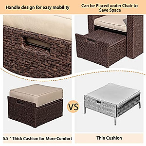 Super Patio Outdoor Ottoman, 2 Piece All Weather Wicker Rattan Patio Ottoman Set with Thick Cushion, Extra Large Outdoor Footstool Footrest (Espresso Brown)