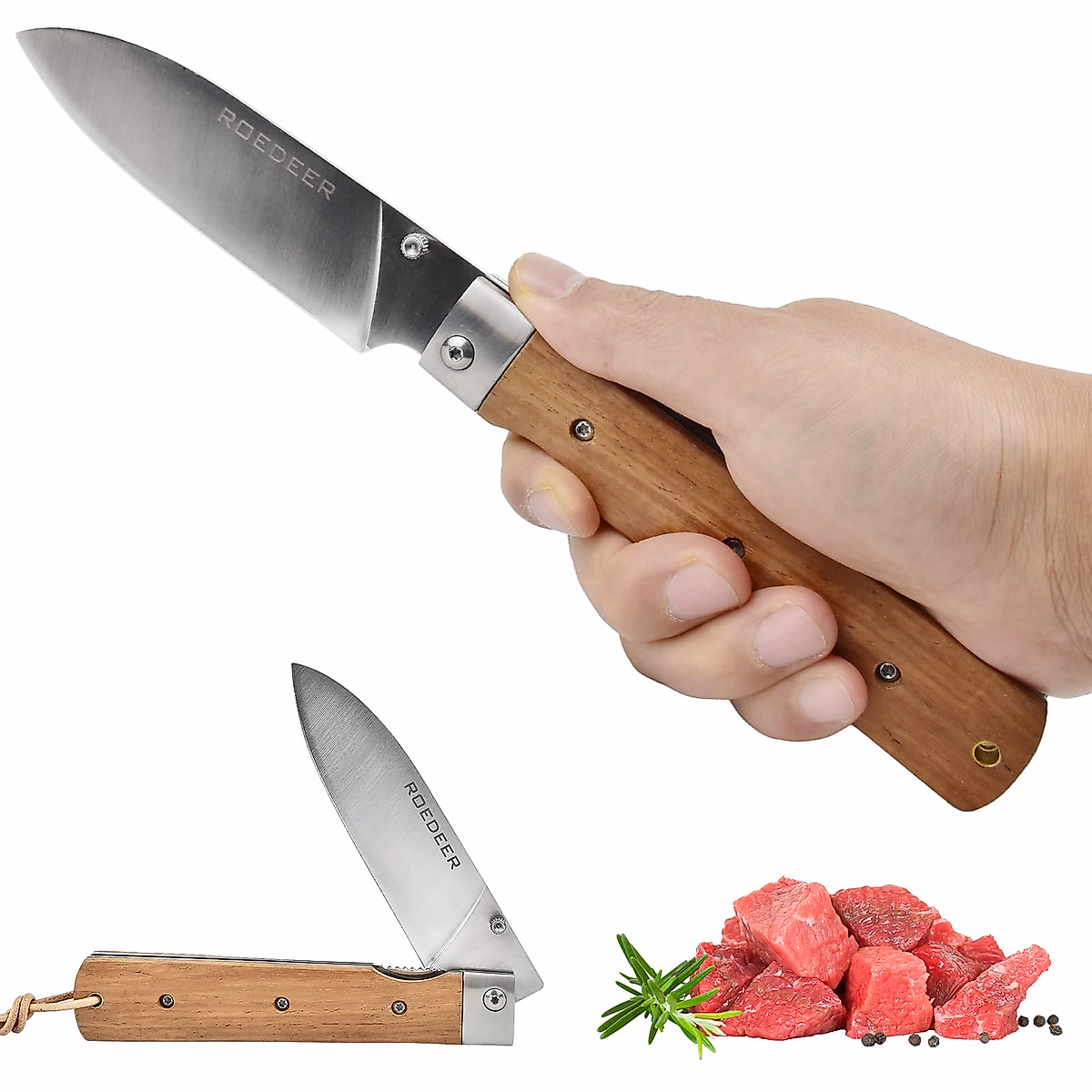ROEDEER Folding Chef Knife,Camping Folding Knives,Sharp Cleaver Folding Knife,440A Stainless Steel Blade Wooden Handle,Folding Kitchen Knife for Outdoor Camping Cooking (Santoku)