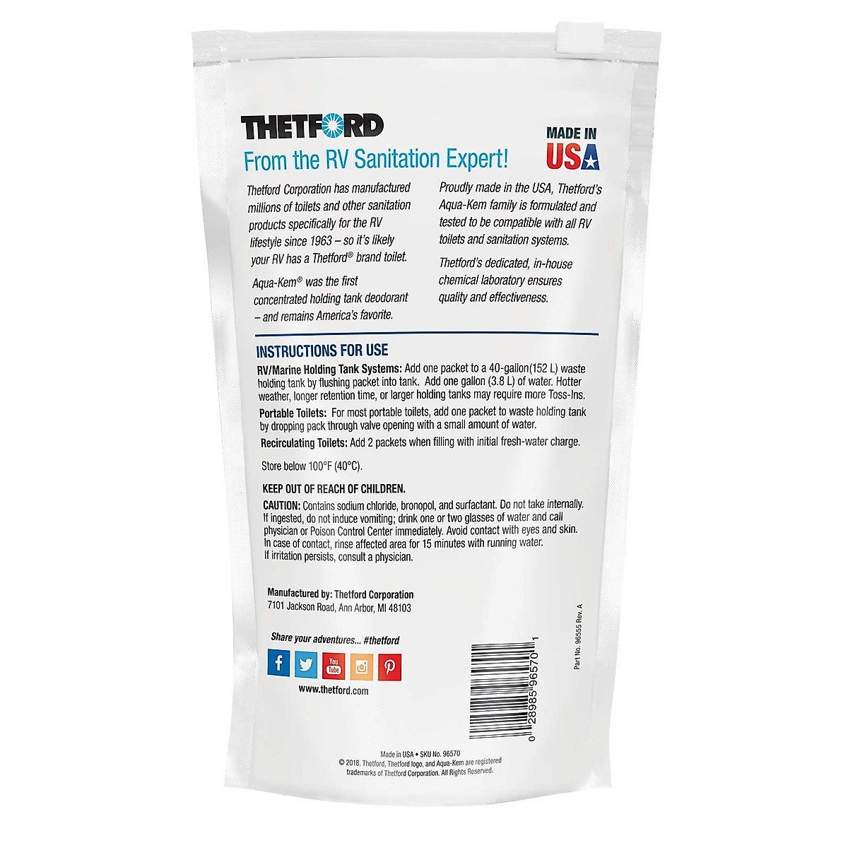 THETFORD Aqua-KEM Morning Sky Toss-Ins RV Holding Tank Treatment - Deodorant/Waste Digester/Detergent - Pack of 16 96570