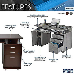 Techni Mobili Complete Workstation Table with Multiple Storage, Computer Desk with MDF Panels and PVC Laminate Veneer Surface, Grey
