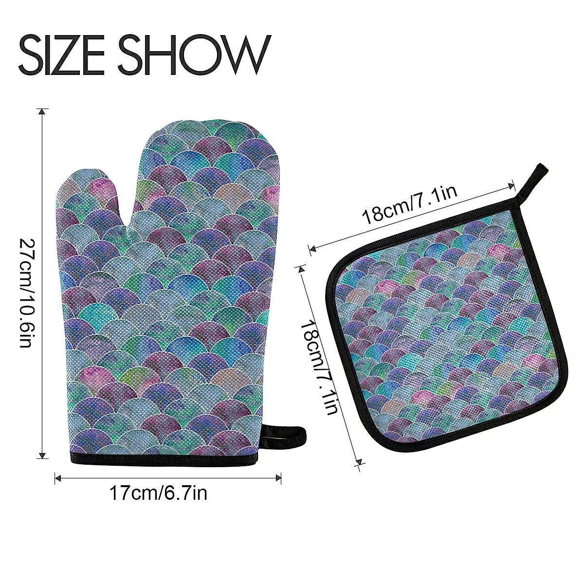 Poeticcity Colorful Mermaid Tail Scales Ocean Wave Blue Green Teal Purple Oven Mitts Pot Holders Sets, Potholder Hot Pads Heat Resistant Kitchen Oven Gloves for Cooking Baking Grilling Barbecue