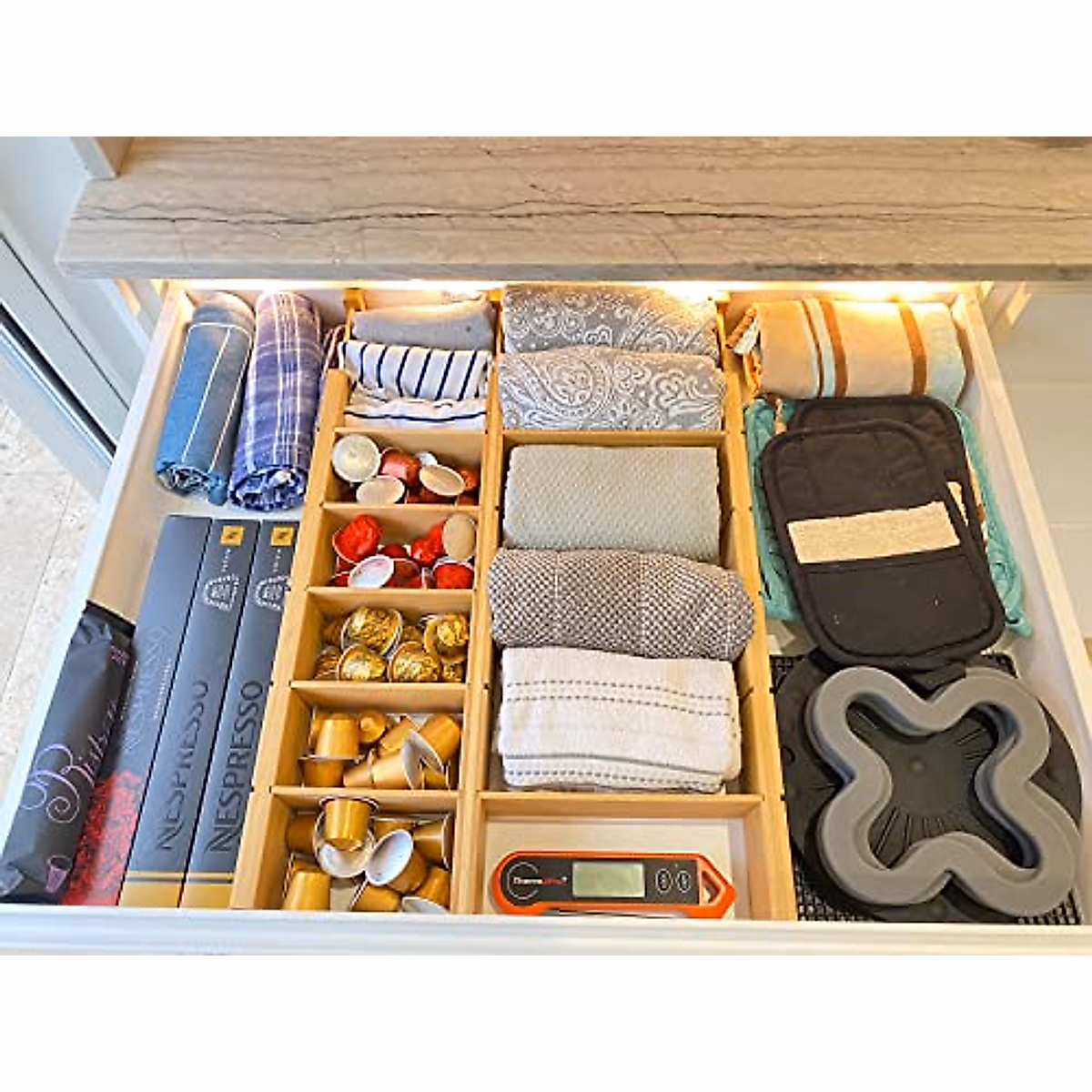 KOOHOAMZ Adjustable Bamboo Drawer Dividers With Inserts, Kitchen Drawer Dividers Organizer Expandable From 13.25"-17", Stackable Deep Drawer Separators For Kitchen Utensils, Dresser, Bedroom, Clothes