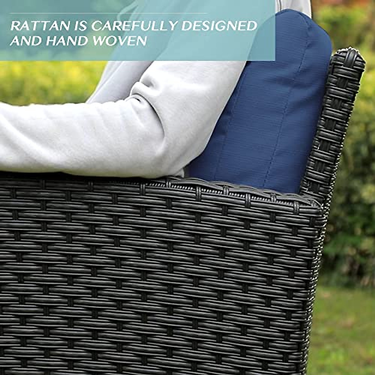 Green4ever 9 Piece Patio Furniture Set, All-Weather Outdoor Sectional Sofa Wicker Rattan Couch Patio Conversation Set with Storage Box, Coffee Table, Ottoman, and Blue Cushion