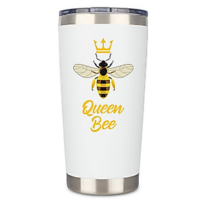 JENVIO Bee Mothers Day Gifts for Women | Queen Bee Lover | White Stainless Steel Wine/Coffee Travel Tumbler/Mug Includes Lid 2 Straws and Gift Box | Valentine's Day Bumble Bee (20 Ounce)